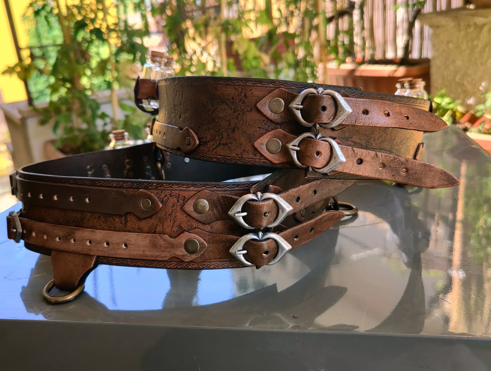 Leather Alchemist Belt - Larp Double Buckle Waistband with potion Flas ...