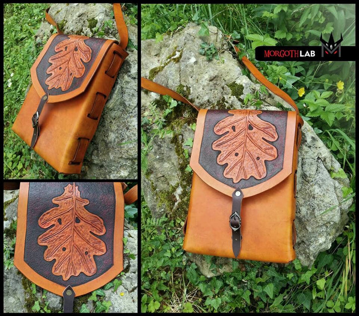 Handmade Leather Tote Bag – Oak Leaf Engraved Shoulder Purse – MorgothLab